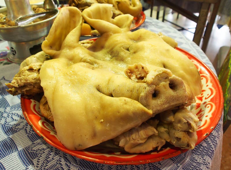 Boiled Pig Head for Sacrifice and Vow Stock Image - Image of boiled ...