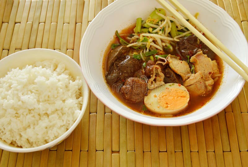 Boiled Pork Entrails Topping Egg in Brown Soup Eat Couple with Rice ...