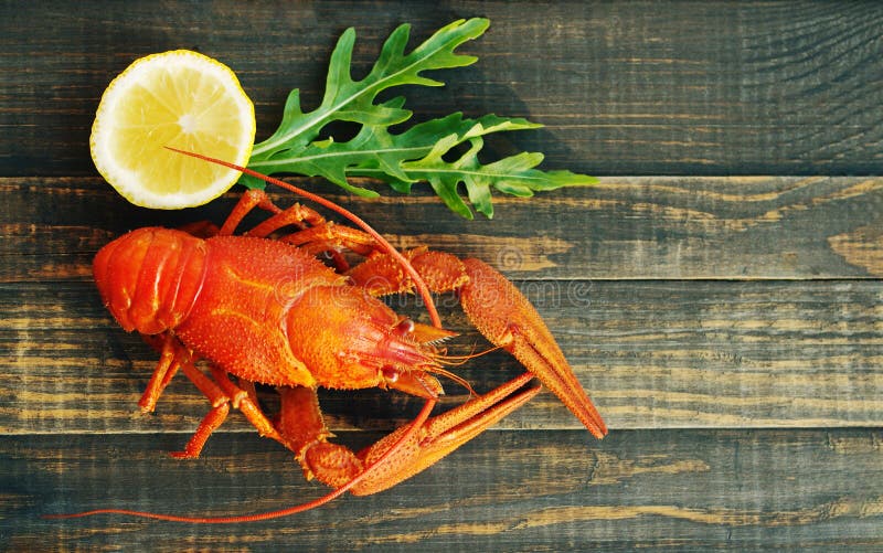 Boiled Red Crayfish on a Wooden Table Surface, Top View. Snack for Beer ...