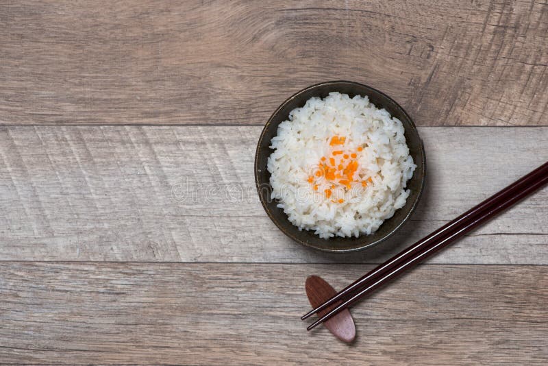 Boiled Rice in a Bowl on Wooden Table. Stock Image - Image of eating ...