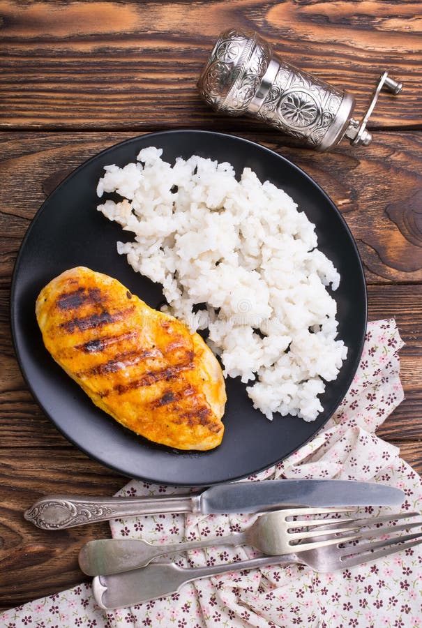 Boiled Rice with Fried Chicken Breast Stock Photo - Image of recipe ...