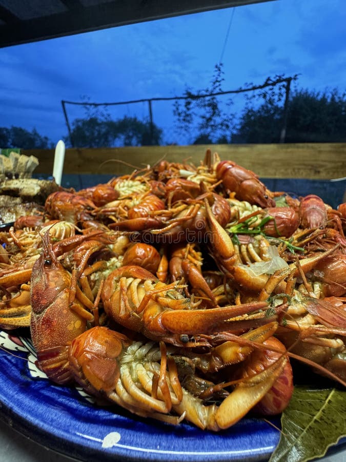 Boiled River Crayfish of Red Color. on a Plate Outdoors Stock Photo ...