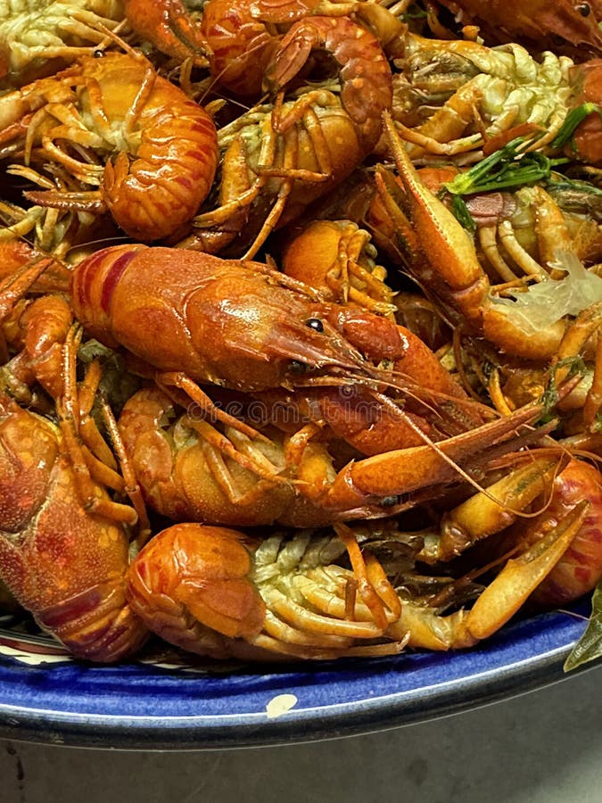 Boiled River Crayfish of Red Color. on a Plate Outdoors Stock Image ...