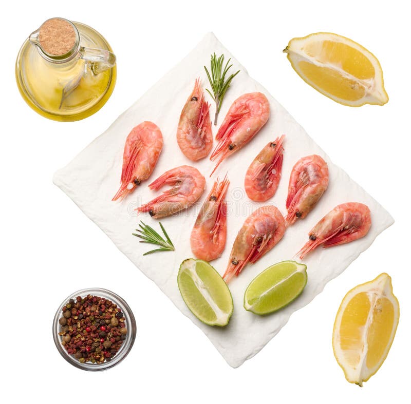 Boiled Shrimp on a Board, Lemon Slices, Spices on a White Background ...