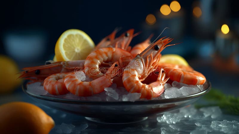 Boiled Shrimp on Ice in a Plate on the Table. Generative AI Stock ...
