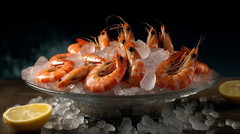 Boiled Shrimp on Ice in a Plate on the Table. Generative AI Stock ...