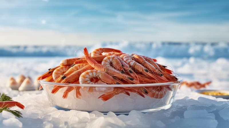 Boiled Shrimp on Ice in a Plate on the Table. Generative AI Stock ...