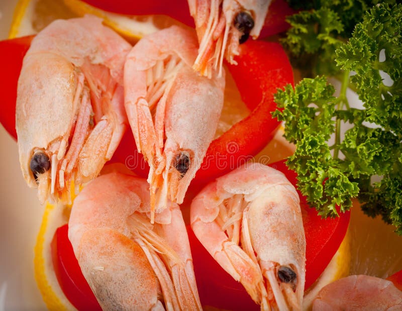 Boiled Shrimp with Lemon and Red Pepper Stock Photo - Image of spices ...