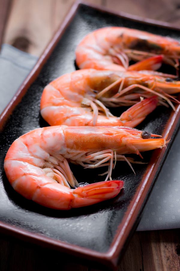 Boiled Shrimp on Square Dish and Wooden Table. Stock Photo - Image of ...
