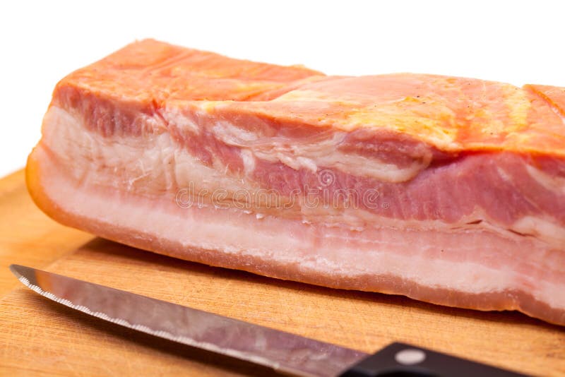 Boiled-Smoked Bacon with Knife Stock Photo - Image of cutting, board ...