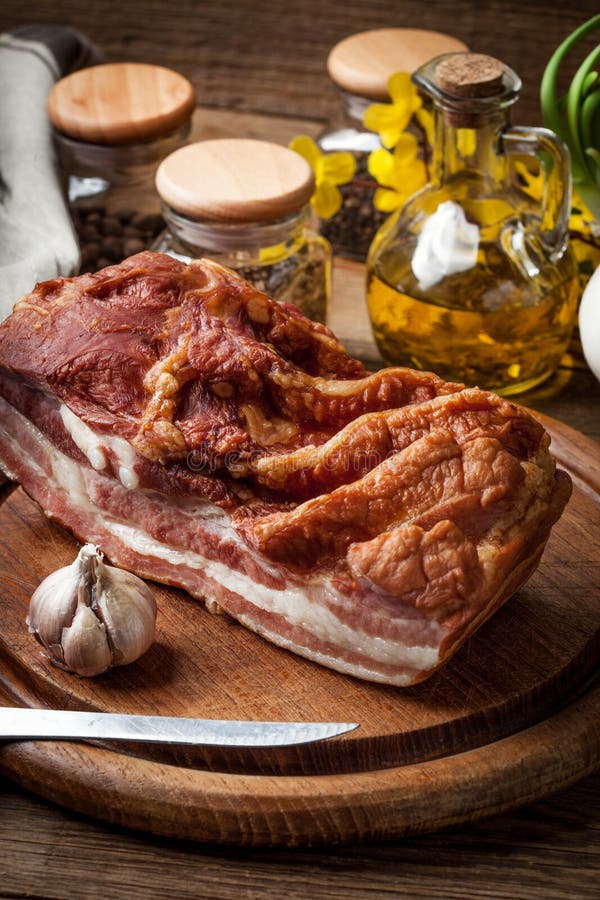 Boiled smoked bacon. stock image. Image of meal, onion - 90627453