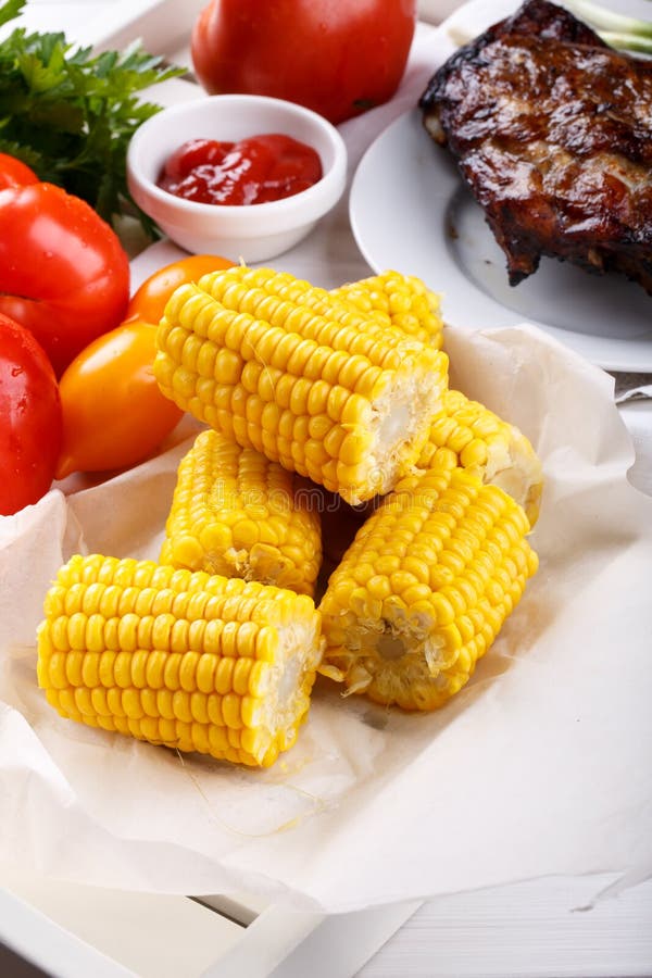 Boiled Sweet Corn Cob on White Tray Stock Image - Image of boiled ...