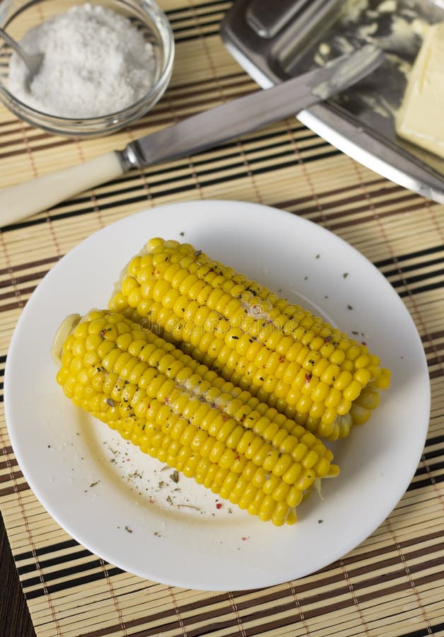 Boiled Sweet Corn on a White Plate. Stock Photo - Image of homemade ...