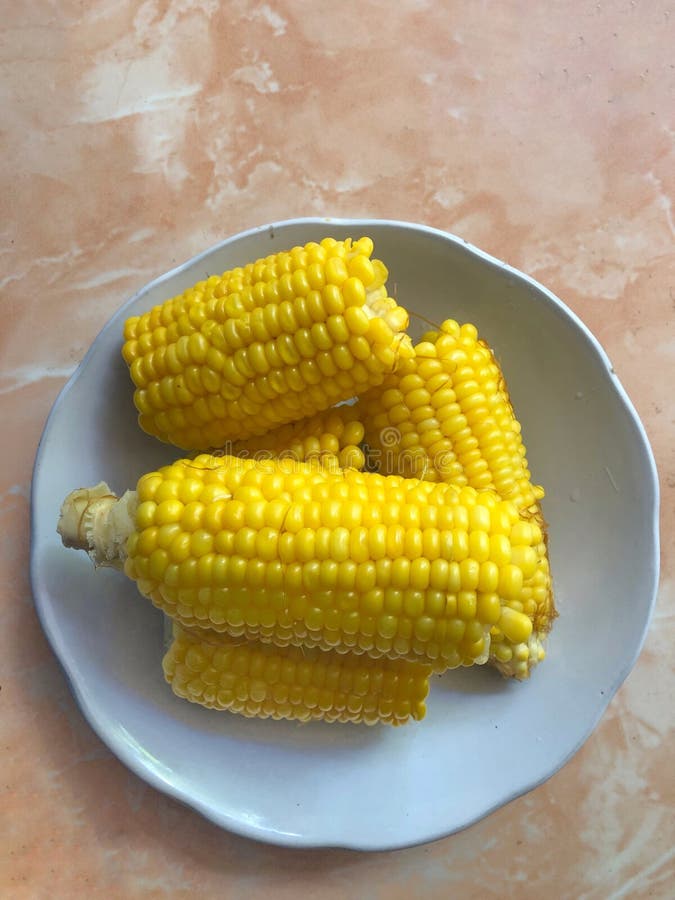 Boiled Sweet Corn on a White Plate Stock Image - Image of cooked ...