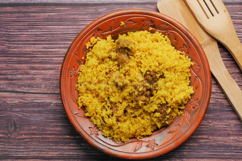 Boiled Yellow Rice with Meats on a Plate Stock Photo - Image of curry ...