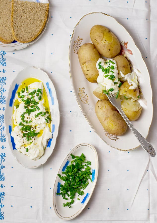 Boiled Young Potato with Cottage Cheese Sauce Stock Image - Image of ...