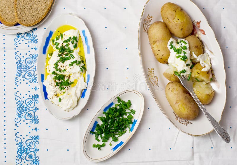 Boiled Young Potato with Cottage Cheese Sauce Stock Photo - Image of ...
