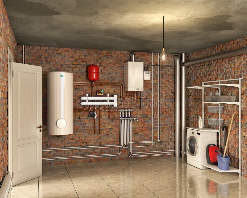 Boiler System and Laundry in a Basement Interior Stock Illustration ...