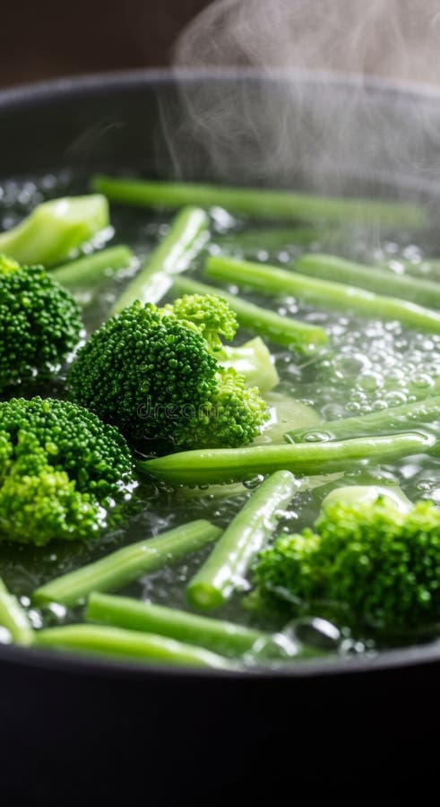 Boiling Broccoli and Green Beans in a Dark Pan Stock Illustration ...