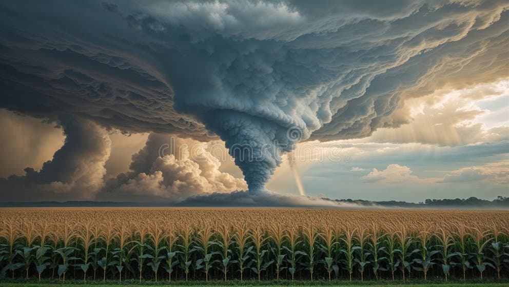Boiling Clouds Above Cornfield As Tornado Funnel Forms in Distance ...
