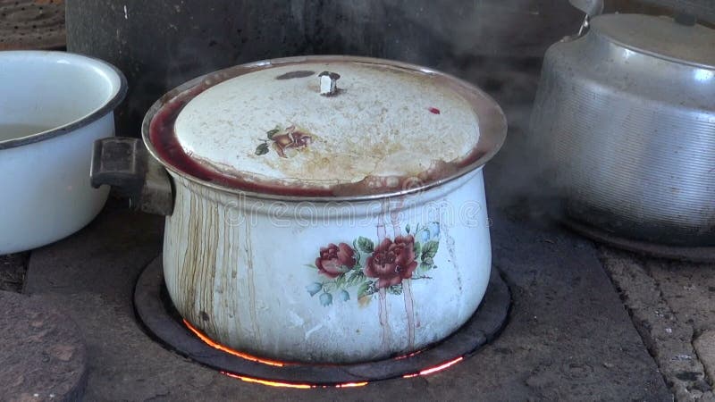Boiling Grunge Pot in Poor Farm Kitchen Stock Video - Video of motion ...