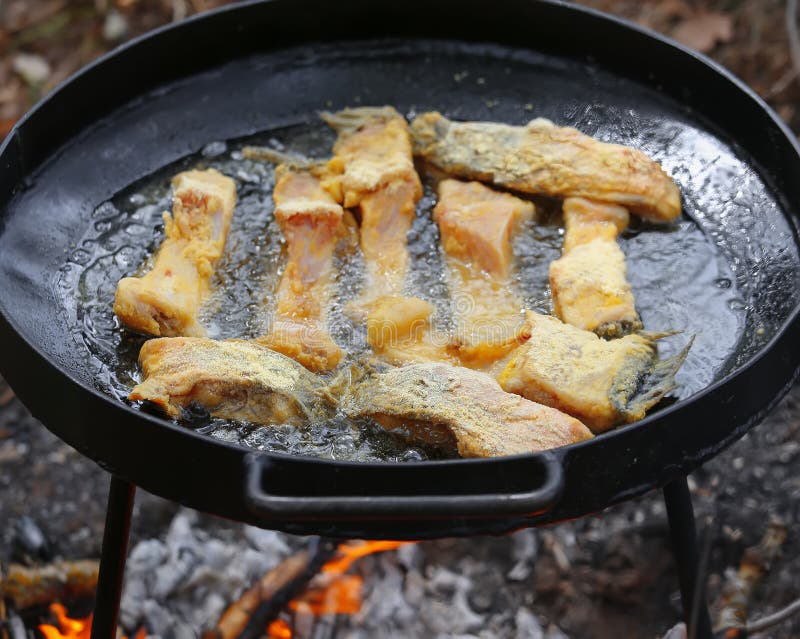 Boiling in Oil on Opened Fire, Frying Fish Fillet. Stock Photo - Image ...