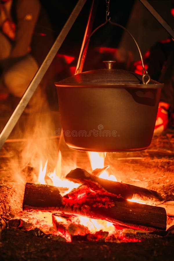 Boiling Pot Over an Open Fire on a Blurred Background Stock Photo ...