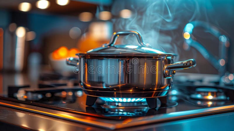 Boiling Pot on a Stove, Kitchen Setting. Stock Photo - Image of steel ...
