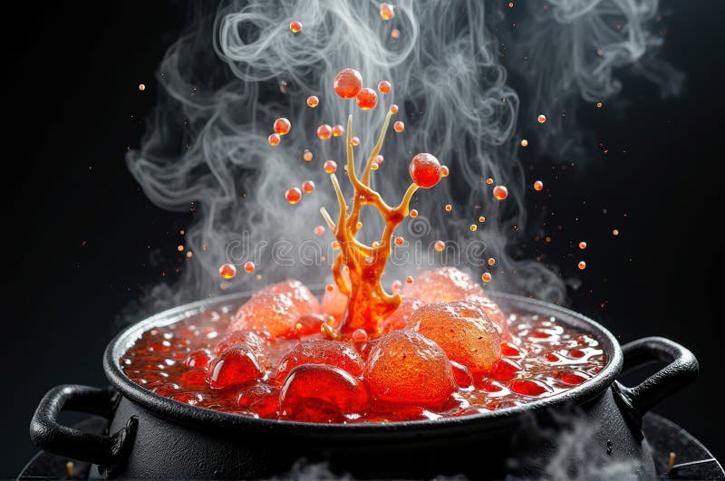 Boiling Red Liquid in Black Pot with Splashes and Smoke Stock Image ...