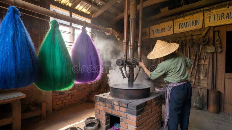 Boiling Reeds for Dyeing at a Vietnamese Mat Workshop with Man Working ...