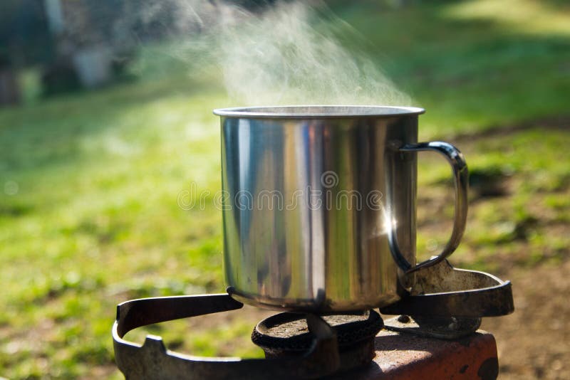 Boiling Steaming Water in the Mountain for Tea and Coffee Stock Image ...