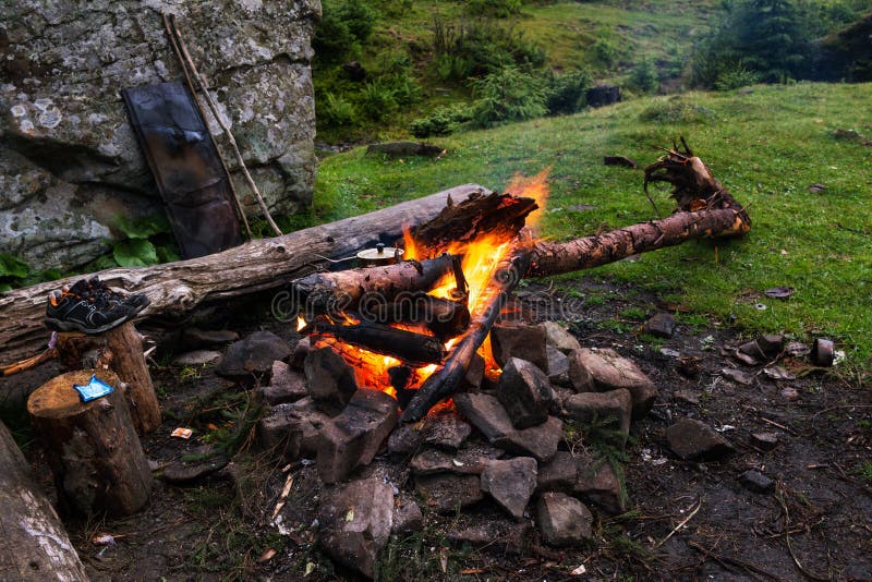 Boiling Water on Campfire at the Mountains Camping Stock Image - Image ...