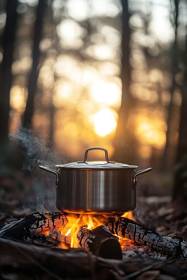 Boiling Water in a Camping Pot Over a Fire in a Peaceful Forest Setting ...