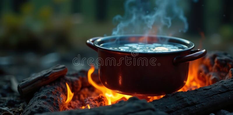 Boiling Water in Enamel Pot Over Crackling Campfire Flames Environment ...