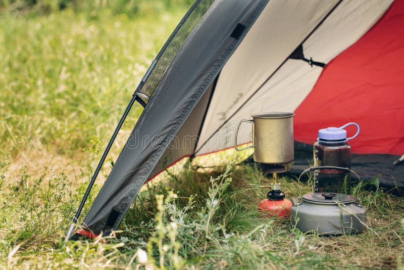 Boiling Water in Kettle on Portable Camping Stove Stock Photo - Image ...