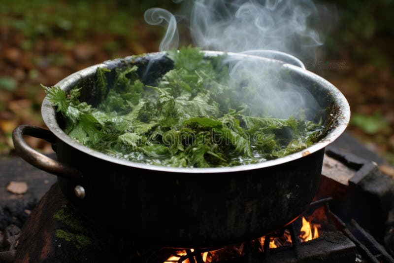 Boiling Water with Nettle Leaves in a Pot Over Fire Stock Illustration ...