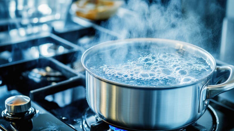 Boiling Water in Pot on Stove Creating Steam in Kitchen Stock Image ...