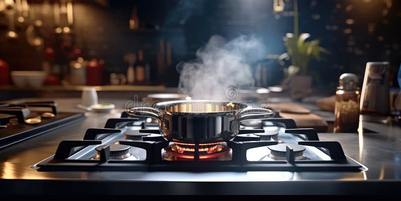 Boiling Water in the Pot on the Stove in a Modern Kitchen, Water ...