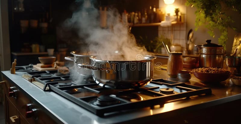 Boiling Water in the Pot on the Stove in a Modern Kitchen, Water ...