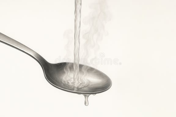 Boiling Water is Poured into a Spoon from the Tap. Space for Text ...