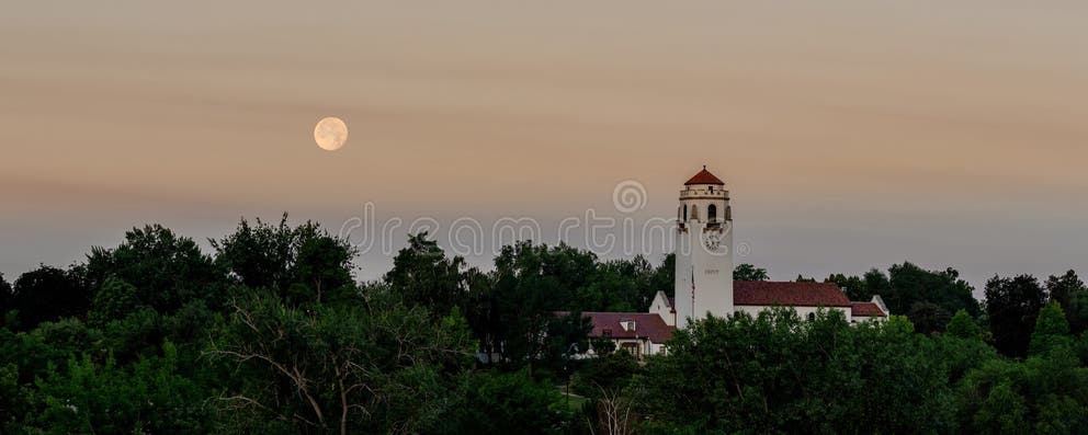 Boise Train Depot with Full Moon Setting Stock Photo - Image of morning ...
