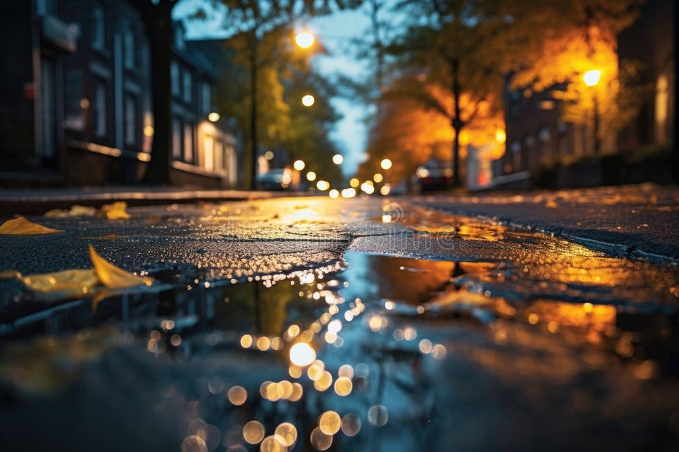 Bokeh Effect of City Lights Reflected in a Puddle after Rain Stock ...