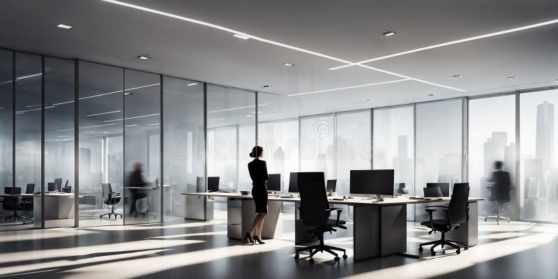 Bokeh-enhanced Bright Office, People in Motion Blur Just Visible Stock ...