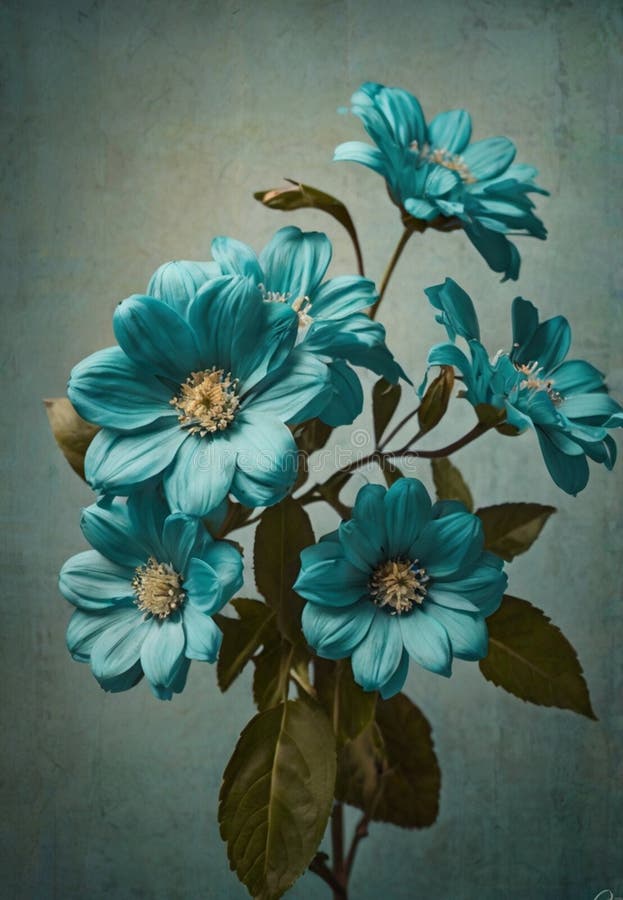 Photorealistic Turquoise Flowers on Pastel Turquoise Background Stock ...