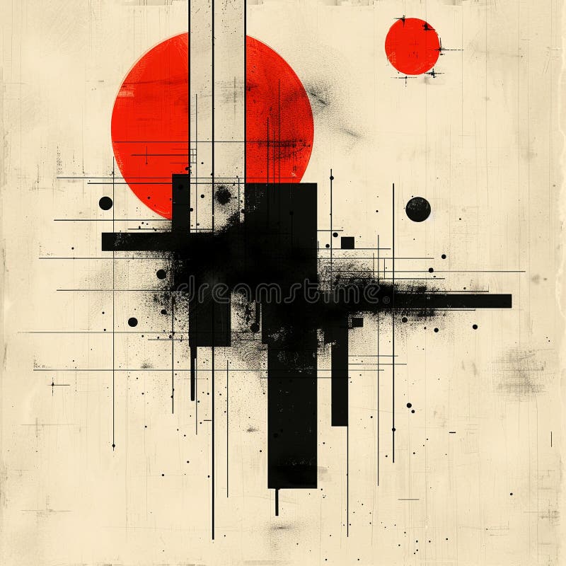 Bold Abstract Design Featuring Red Circles and Black Geometric Forms on ...