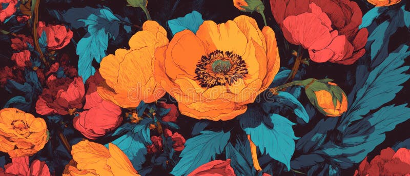 Bold Abstract Floral Patterns with Vibrant Colors and Outlines Creating ...