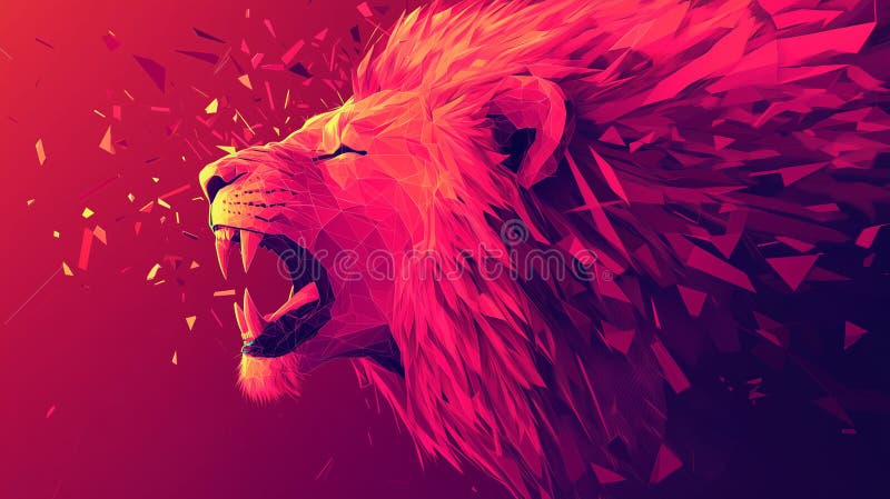 Bold Abstract Lion Roaring in Vivid Red and Pink Geometric Composition ...