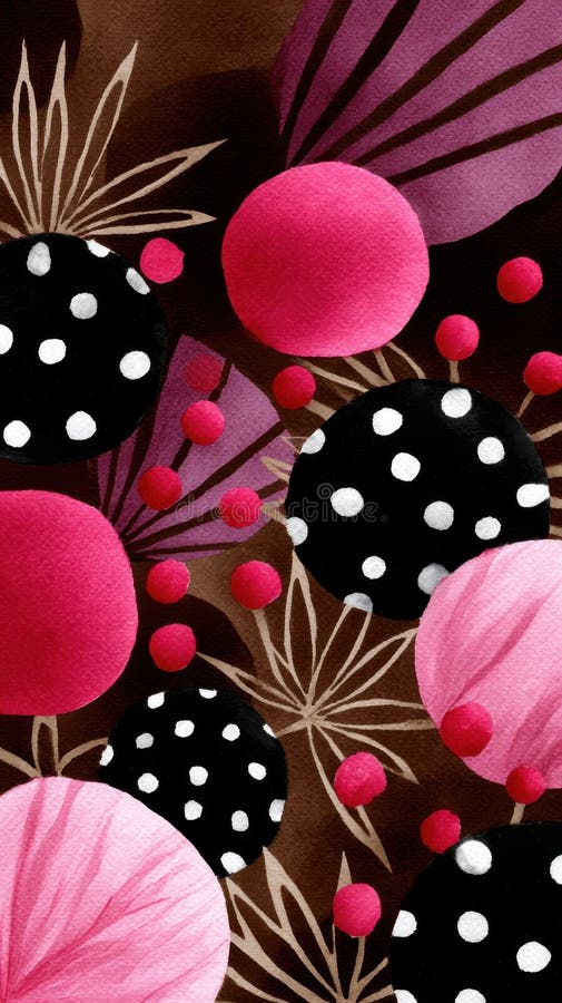 Bold Abstract Watercolor Pattern with Circles, Dots and Foliage on ...