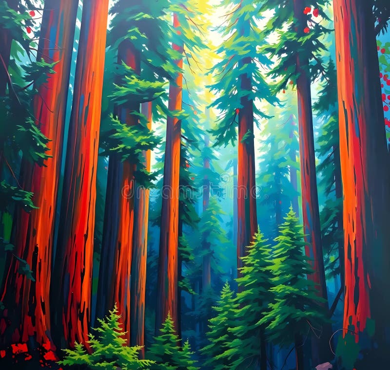 A Bold Acrylic Painting of an Ancient Redwood Forest Stock Illustration ...