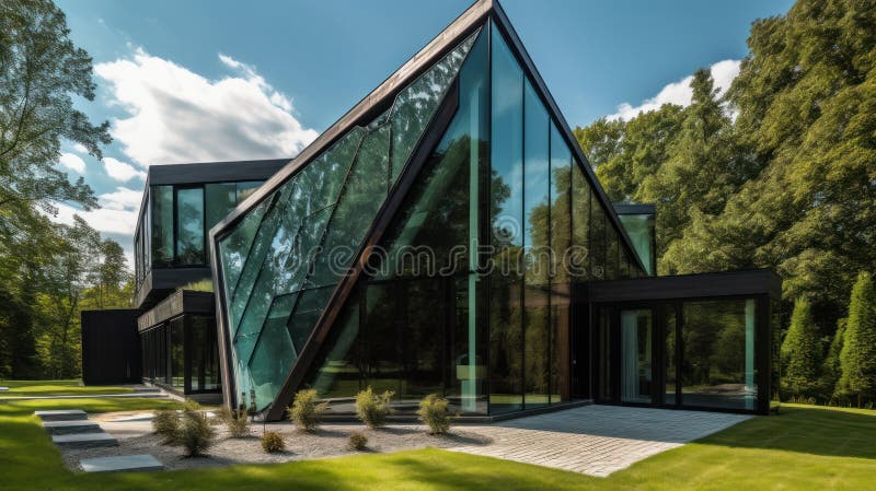 A Bold Angular Structure with Floor-to-ceiling Windows. House Exterior ...